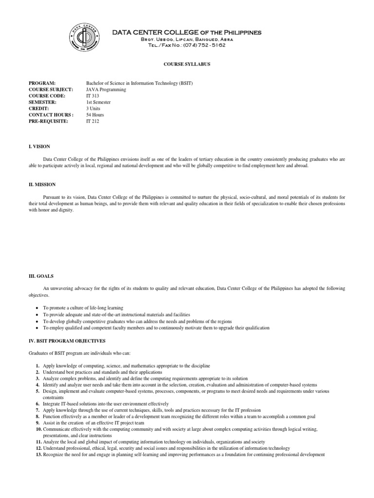 DATA CENTER COLLEGE of The Philippines: Course Syllabus | PDF ...