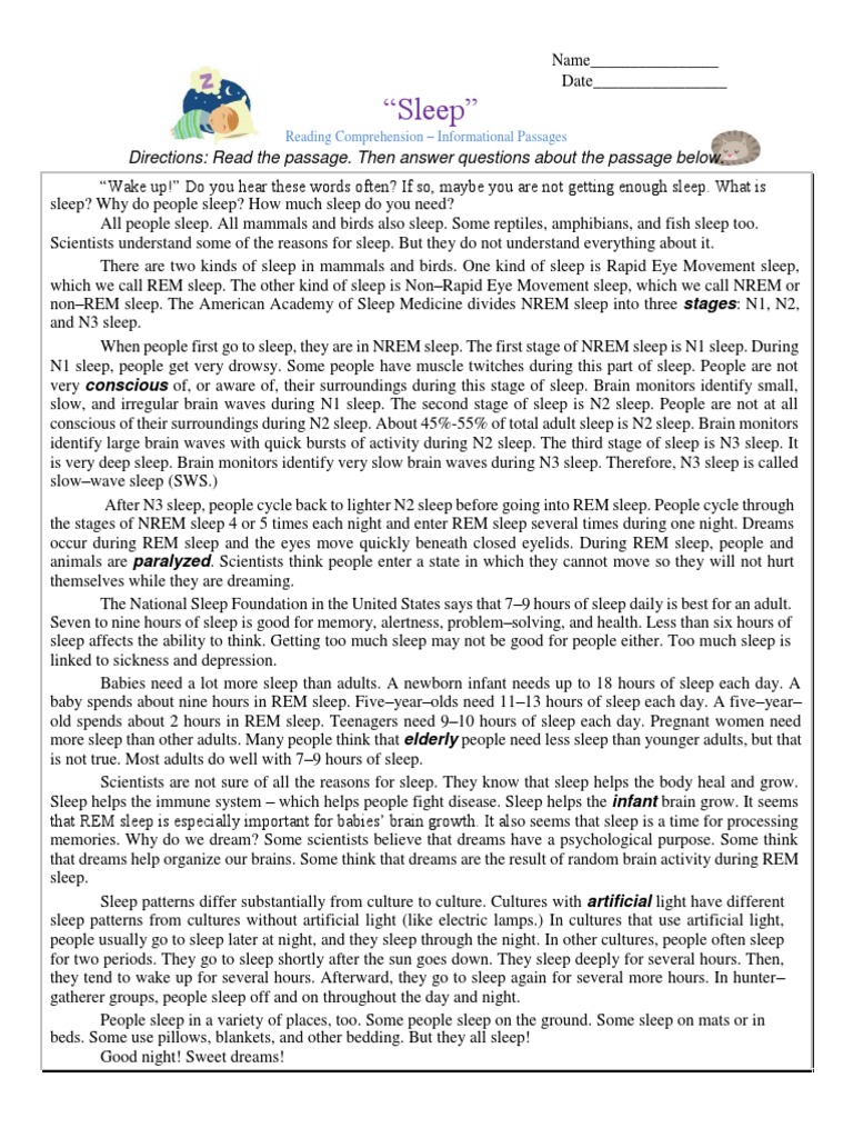 "Sleep": Directions: Read The Passage. Then Answer Questions About The ...