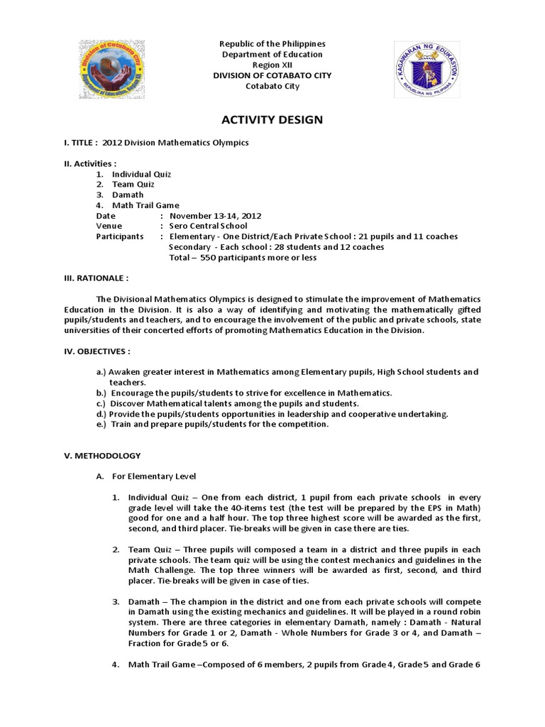 Activity Design - 2012 Math Olympics | PDF | Behavior Modification ...
