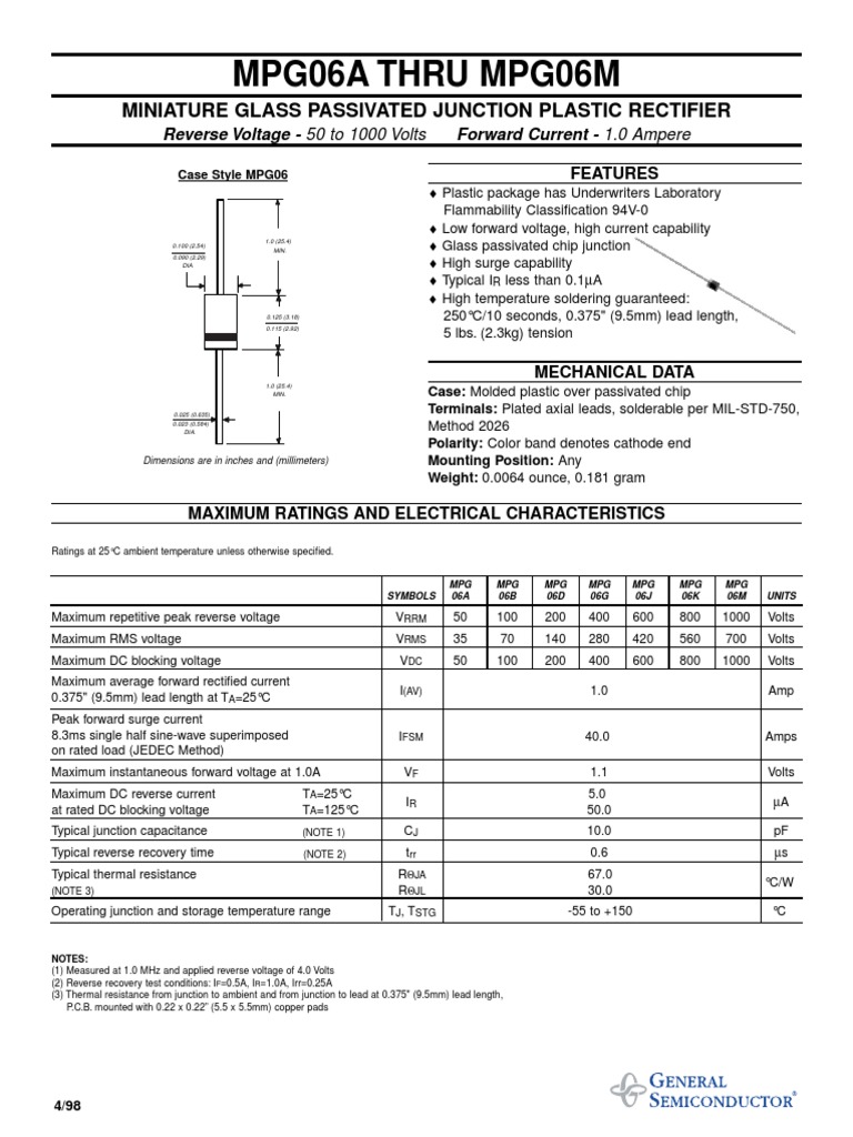 MPG060 Data Sheet | Download Free PDF | Rectifier | Capacitor