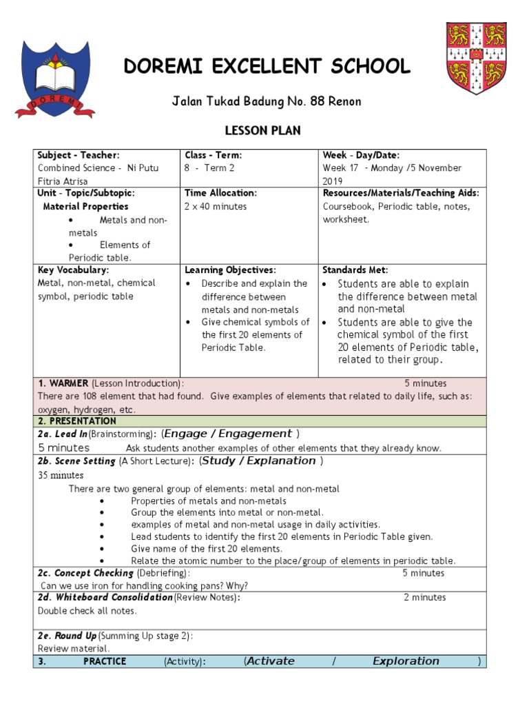 Lesson Plan Grade 8-Metal Non Metal | PDF | Periodic Table | Lesson Plan
