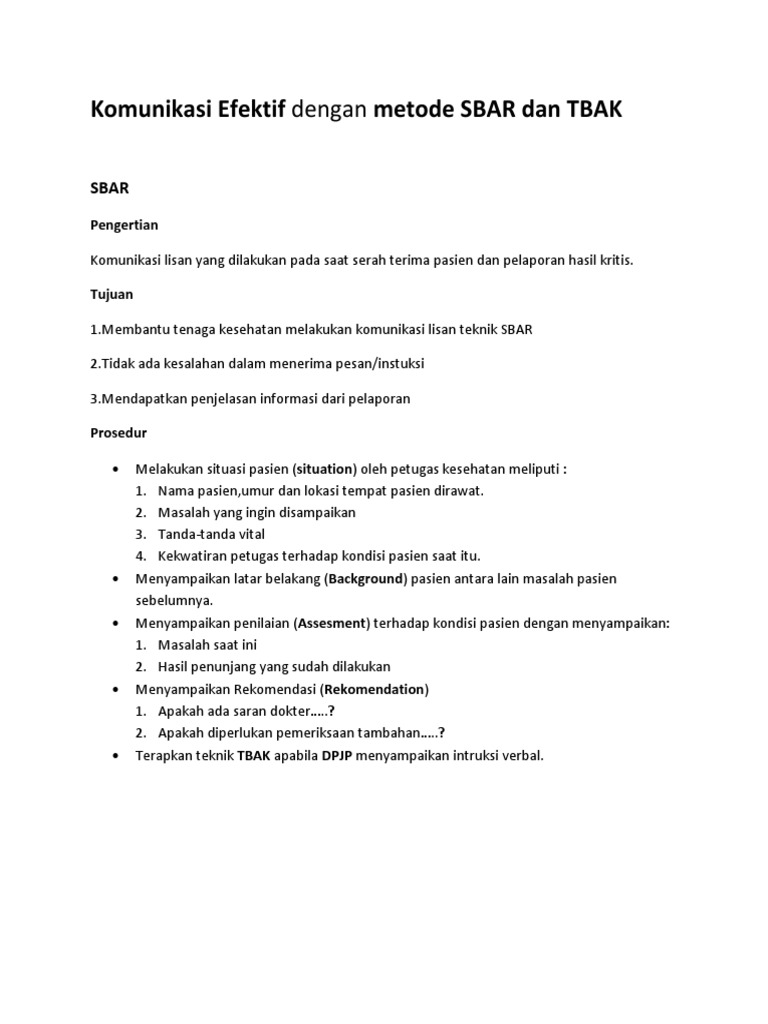 Komunikasi Efektif Dengan Metode SBAR Dan TBAK | PDF | Sains & Matematika