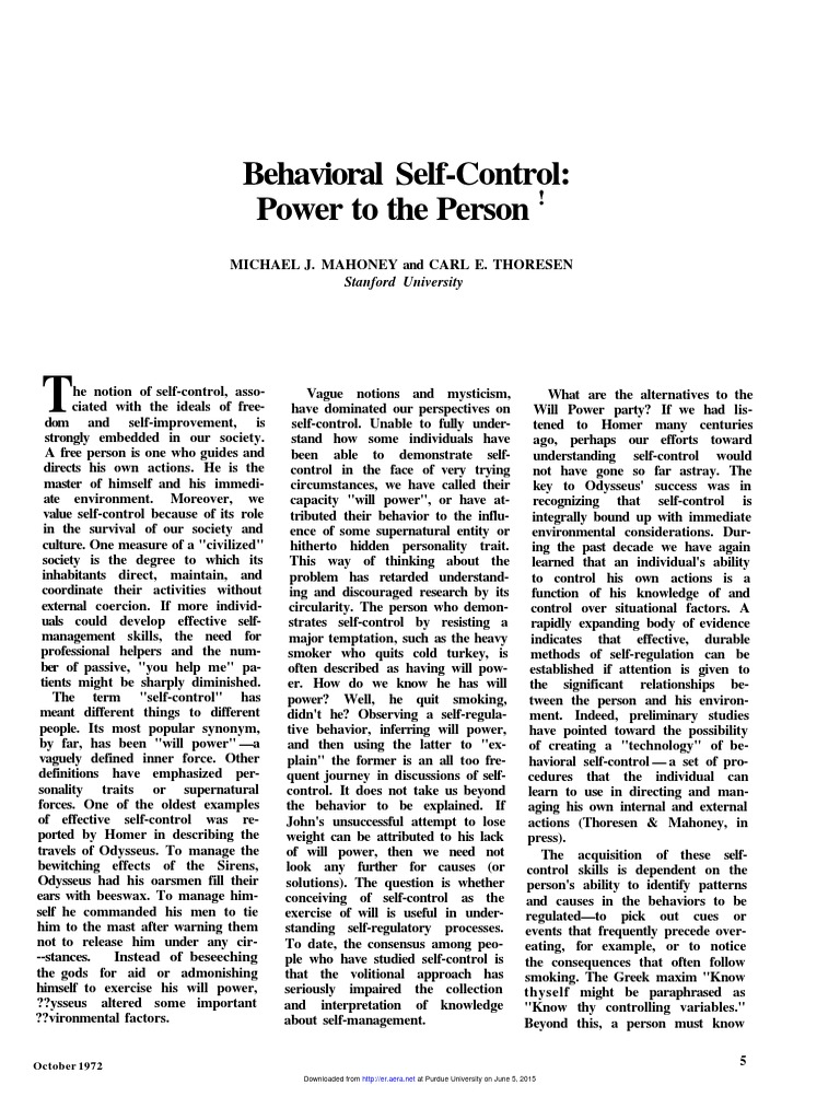 Behavioral Self-Control: Power To The Person: Stanford University | PDF | Self Control | Self ...