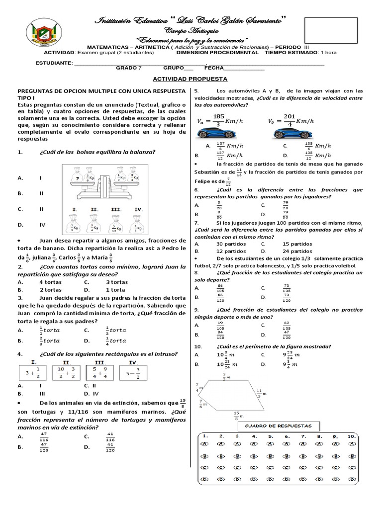 Examen Fracciones Suma y Resta | PDF | Sustracción | Deportes