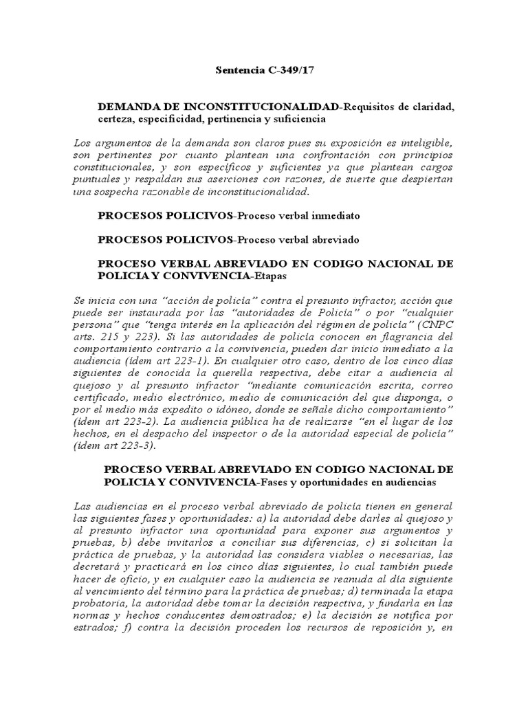 Codigo de Policia Ley 1801 de 2016 Articulo 223 Paragrafo 1 C-349-17 | PDF | Caso de ley ...
