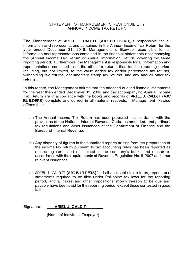 Statement of Management Responsibility | PDF | Business | Finance ...