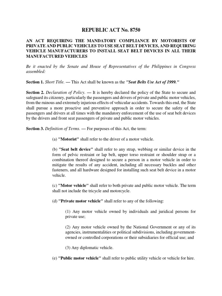 REPUBLIC ACT No 8750 PDF PDF Seat Belt Government