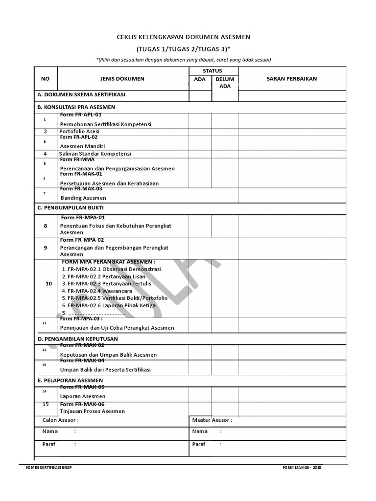 Daftar Kelengkapan Dokumen Asesmen | PDF