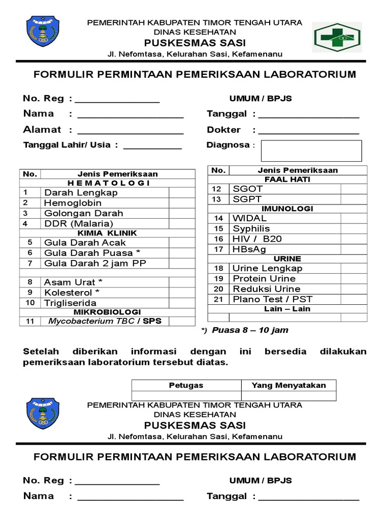 Formulir Permintaan Lab Puskesmas Sasi | PDF
