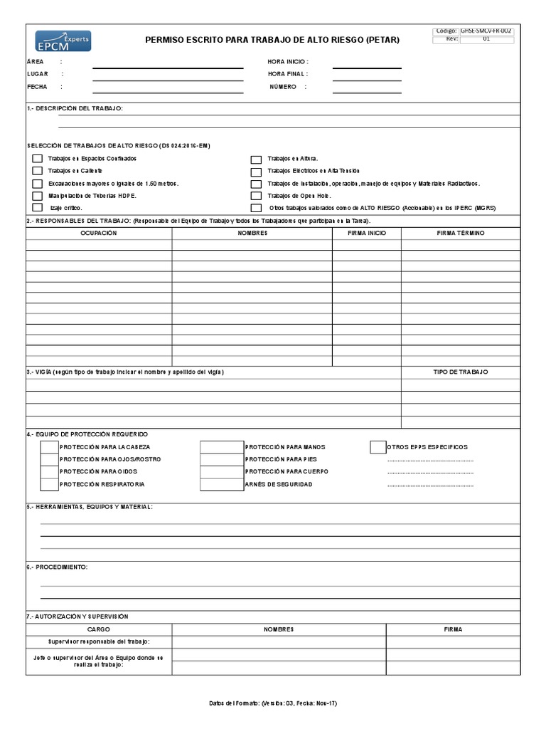Permiso Escrito para Trabajo de Alto Riesgo v.03 | PDF | Andamio | Tanques
