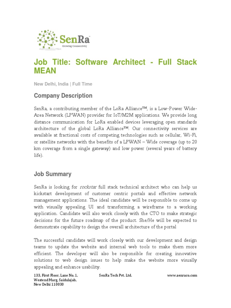 Job Title: Software Architect - Full Stack Mean: Company Description ...