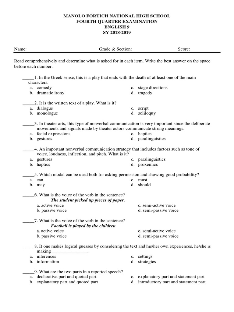 English Grade 9 - Exam 4th Quarter | PDF | Romeo And Juliet | Monologue