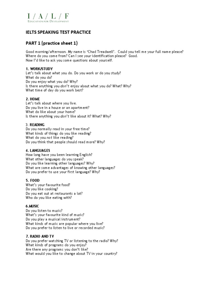 Sa1 Ielts Speaking Test Practice Part1 | PDF | International English ...