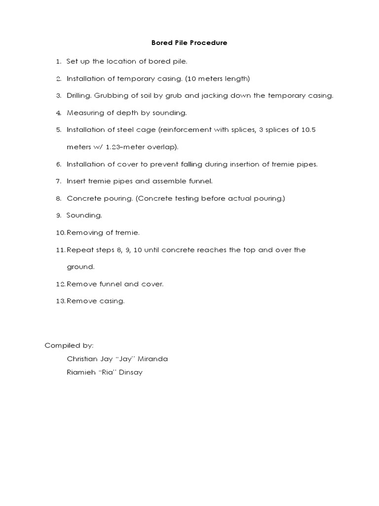 Bored Pile Installation Procedure Guide | PDF