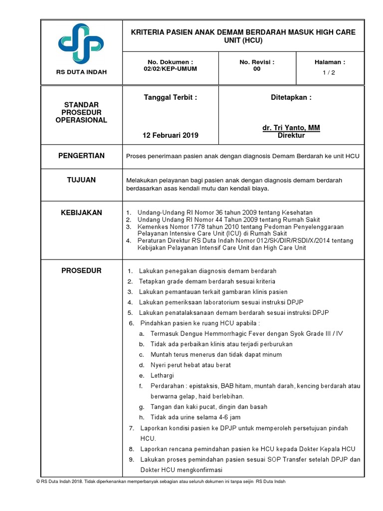 SPO Kriteria Pasien Anak Demam Berdarah Masuk HCU | PDF