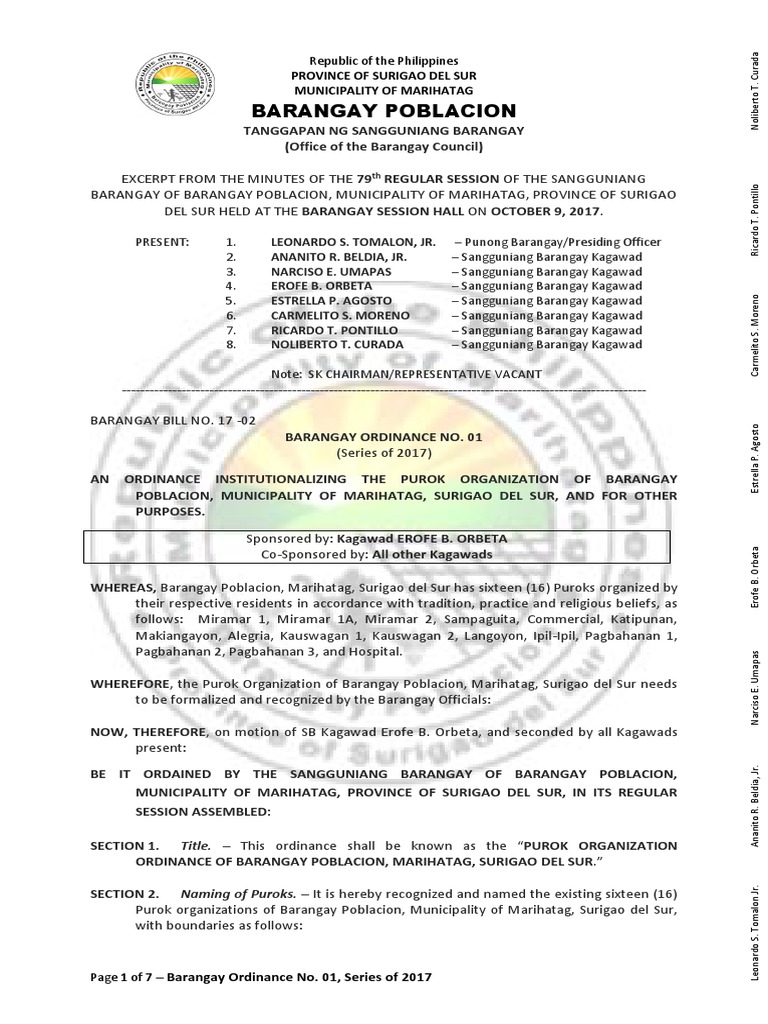 Barangay Ordinance No. 01 (2017) - Purok Organization | PDF | Government | Social Institutions