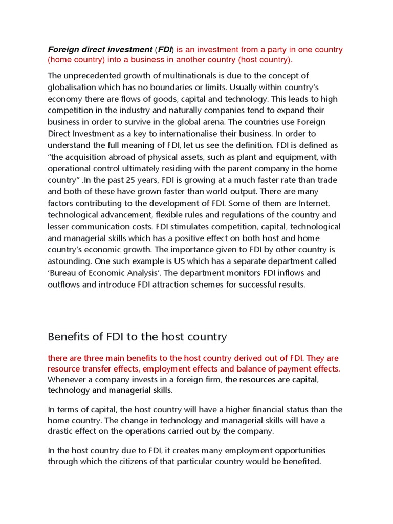 Cost and Benefit of FDI To Host & Home Countries | PDF | Foreign Direct ...