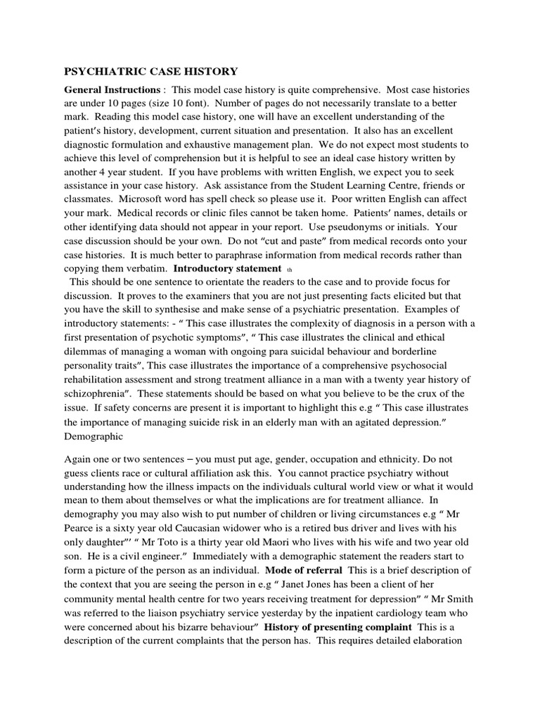 Psychiatric Case History: General Instructions: This Model Case History ...