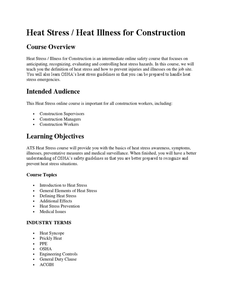 Heat Stress / Heat Illness For Construction: Course Overview | PDF