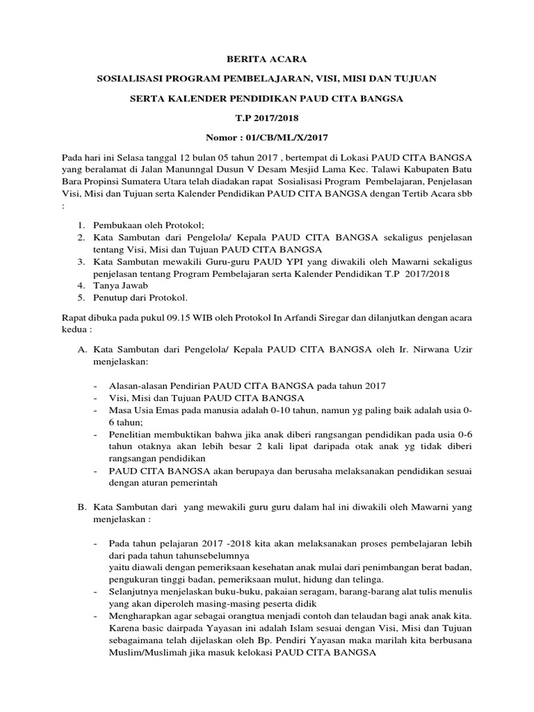 Contoh Dokumen Sosialisasi Visi Misi Paud Cita Bangsa | PDF