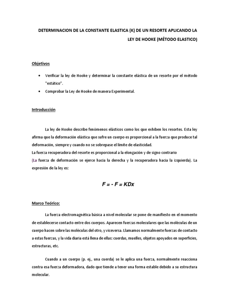 Determinacion de La Constante Elastica (K) de Un Resorte Aplicando La ...