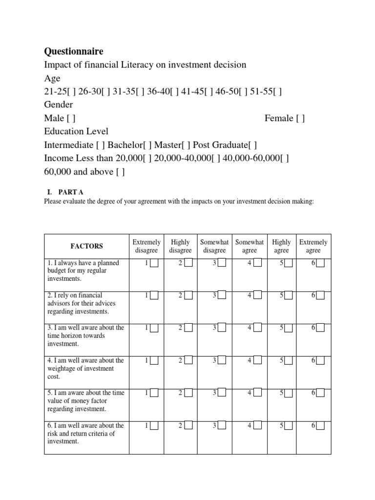 Questionnaire: . Part A | Download Free PDF | Financial Markets | Investing