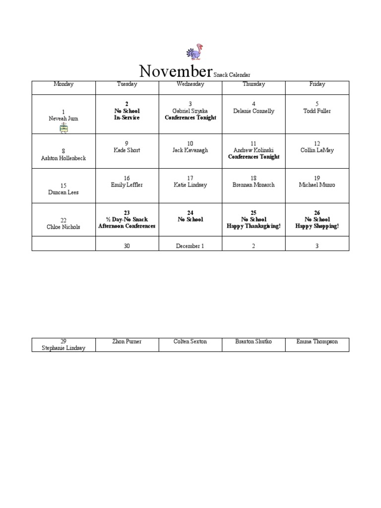 November Snack Calendar | PDF