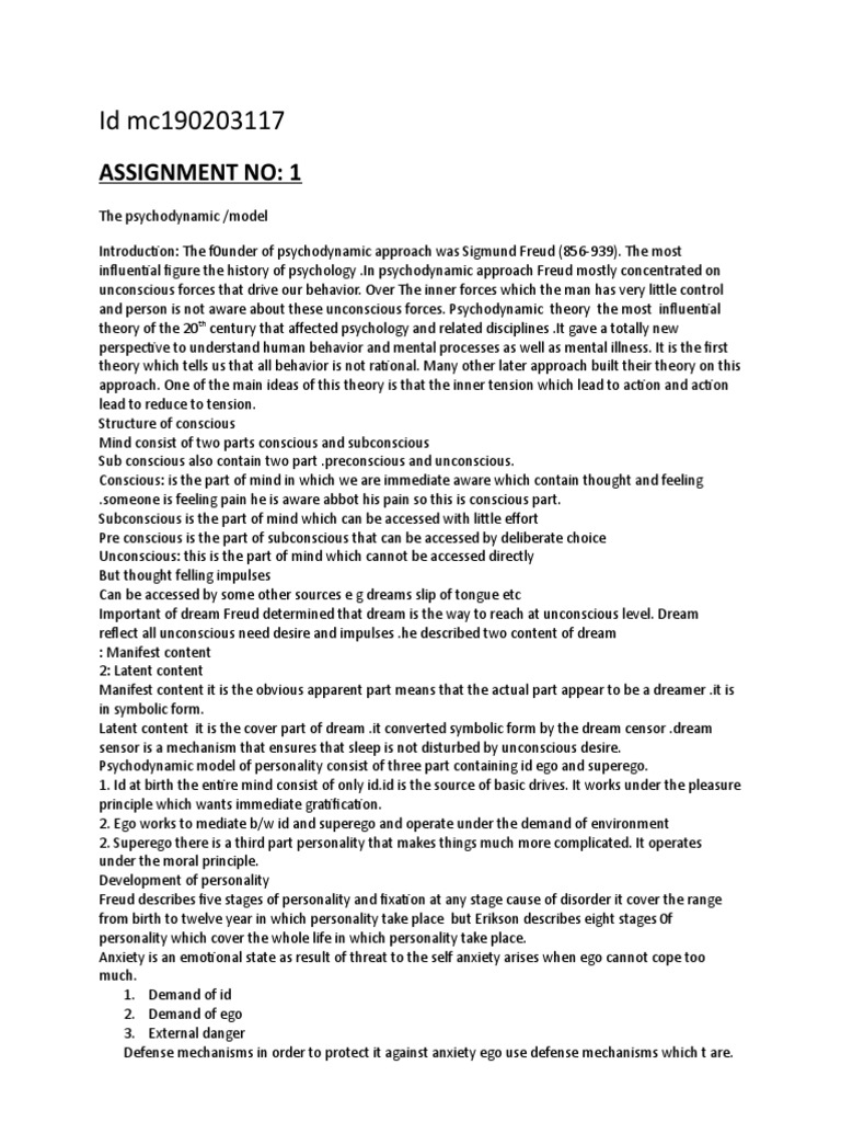 Id mc190203117: Assignment No: 1 | PDF | Id | Psychodynamics