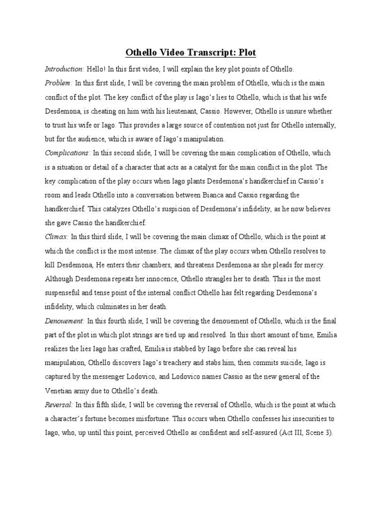 Othello Transcript - Plot | PDF | Othello | Iago