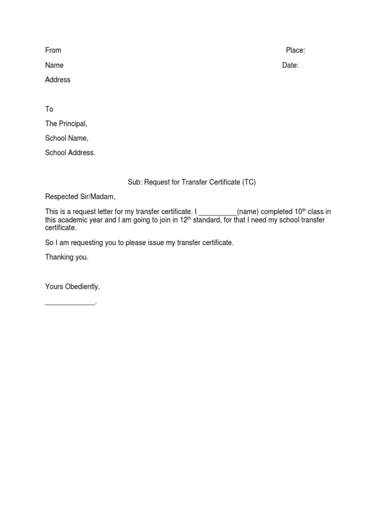 Application For Transfer Certificate After 10th | PDF