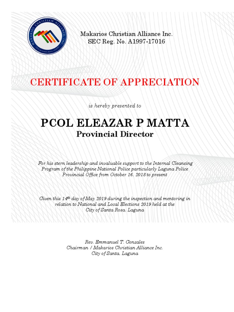 Pcol Eleazar P Matta: Certificate of Appreciation | PDF