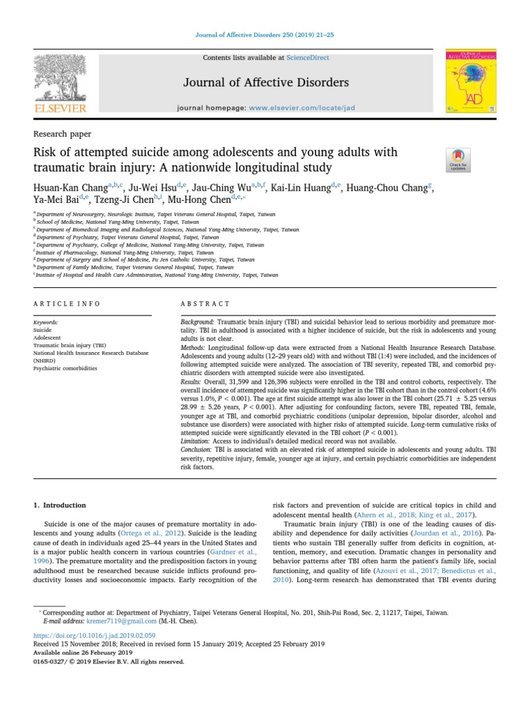 Journal of Affective Disorders: Research Paper | PDF | Traumatic Brain ...