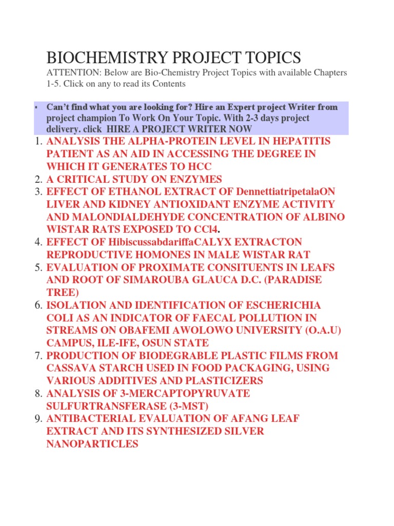 Biochemistry Project Topics | Download Free PDF | Biochemistry | Chemistry