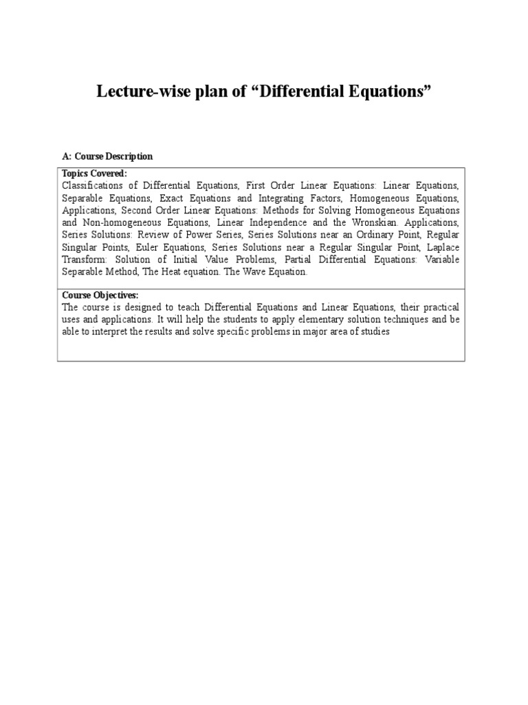 Lecture-Wise Plan of "Differential Equations": A: Course Description ...