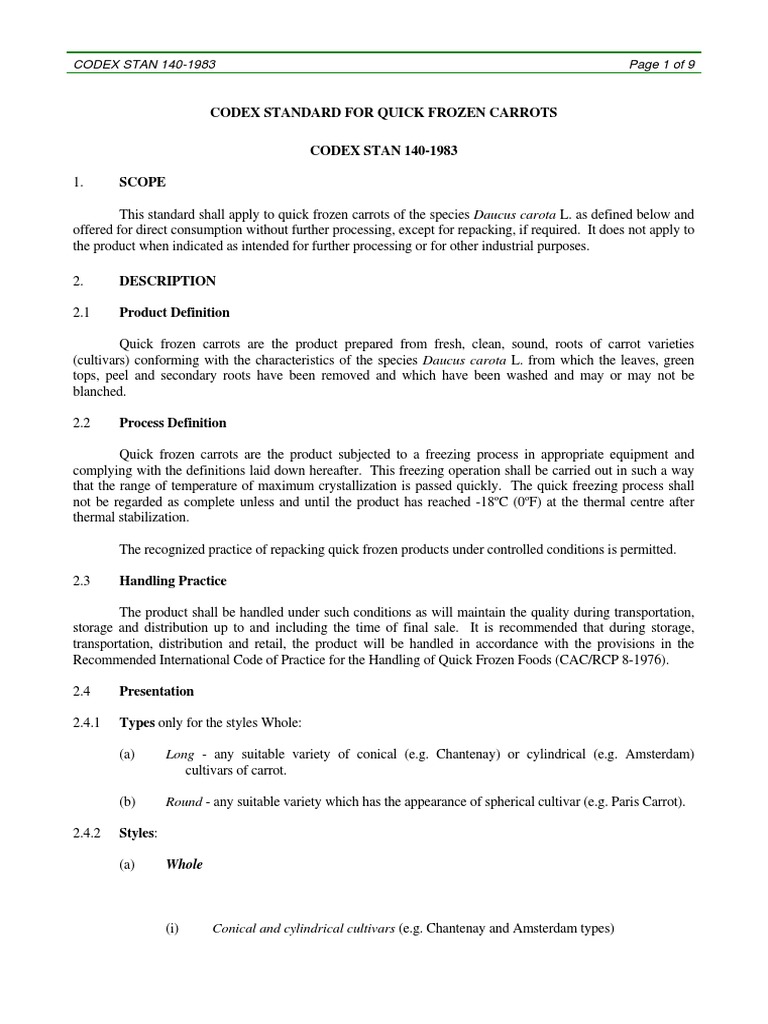 Codex Standard For Quick Frozen Carrots: CODEX STAN 140-1983 Page 1 of ...