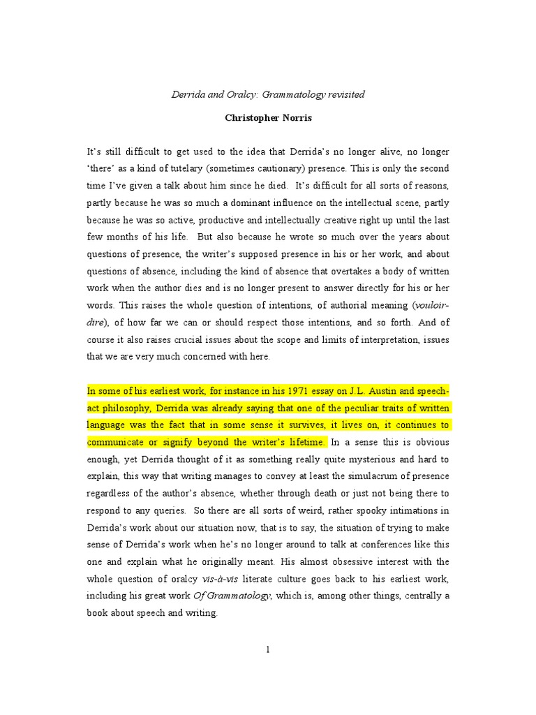 Derrida and Oralcy: Grammatology Revisited: Christopher Norris | PDF ...