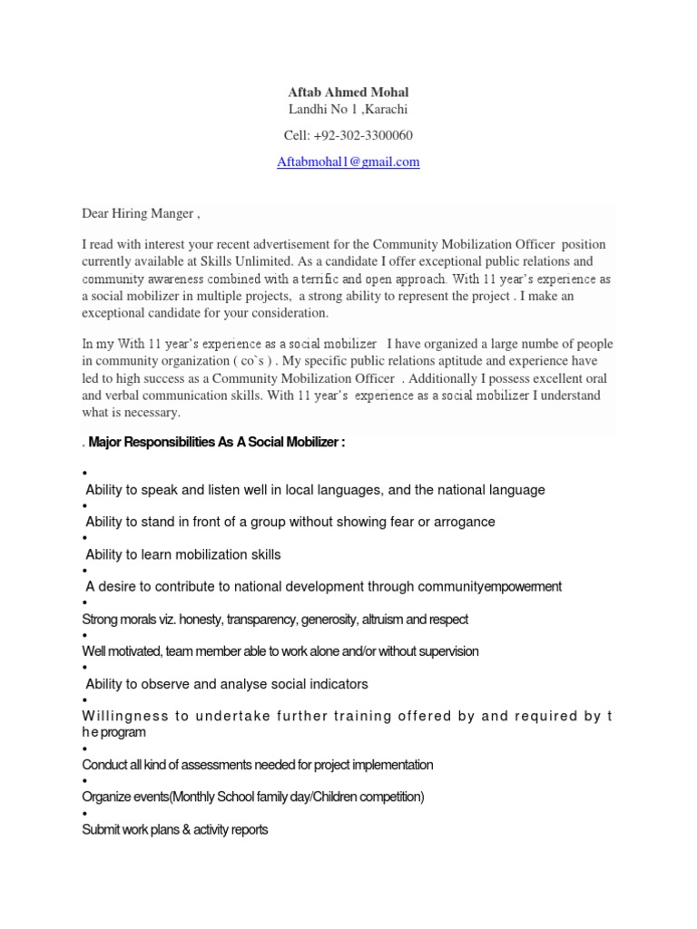 Cover Letter For Community Mobilization Officer | PDF | Cognition ...