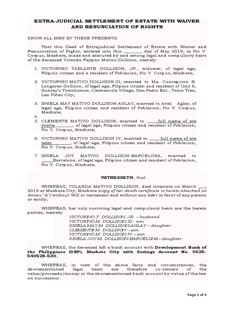 Extra Judicial Settlement With Waiver | PDF | Civil Law (Common Law ...