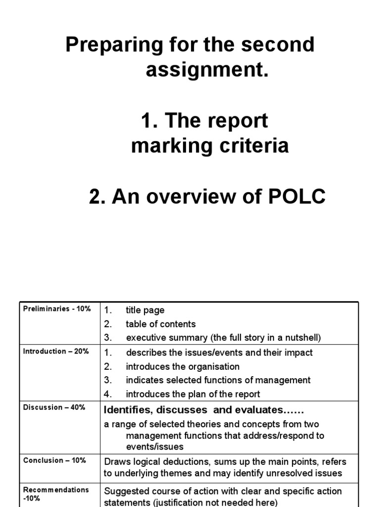 Preparing For The Second Assignment. 1. The Report Marking Criteria 2 ...
