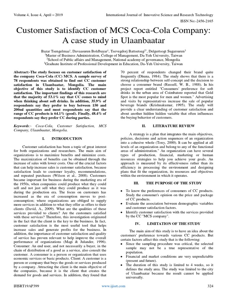 Customer Satisfaction of MCS Coca-Cola Company: A Case Study in Ulaanbaatar | PDF | P Value ...