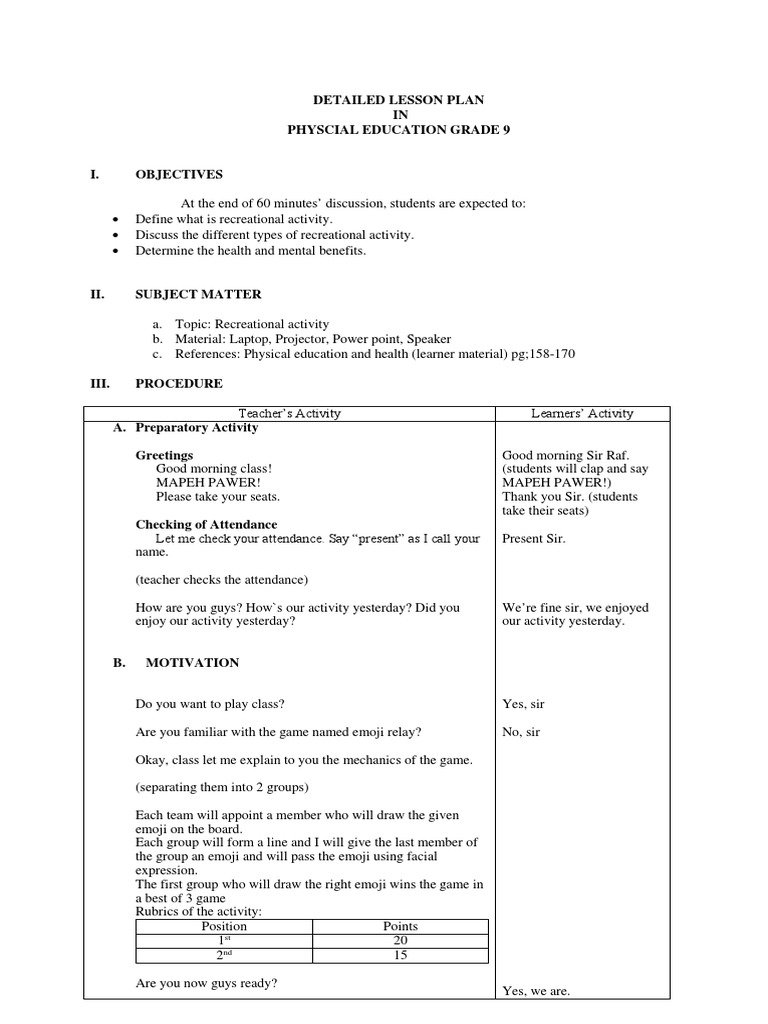 Grade 9 Recreational Activity Lesson Plan | PDF | Recreation | Physical ...