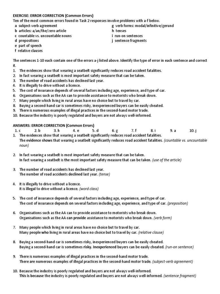 Error Correction Exercises and Answers | PDF | Punctuation | Verb
