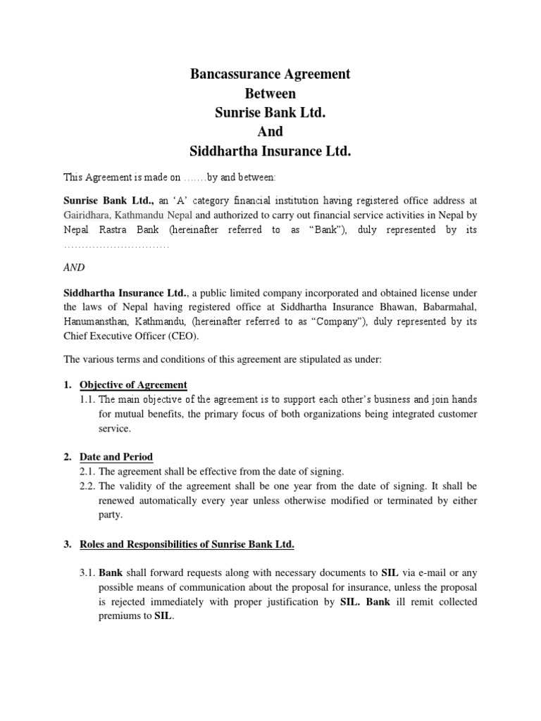 MOU For Sunrise Bank Limited | PDF | Insurance | Banks