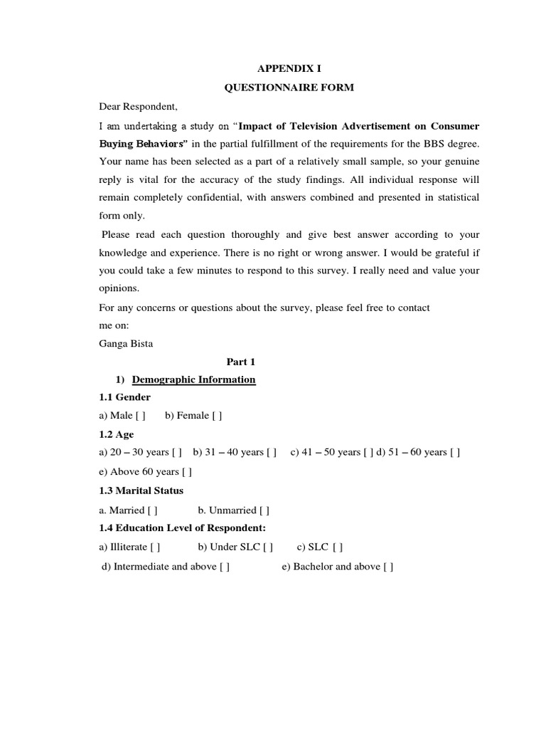 Appendix I Questionnaire Form | PDF | Survey Methodology | Advertising