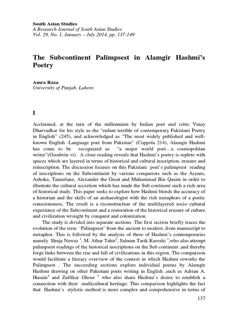 The Subcontinent Palimpsest in Alamgir Hashmi's Poetry | PDF | Peshawar ...