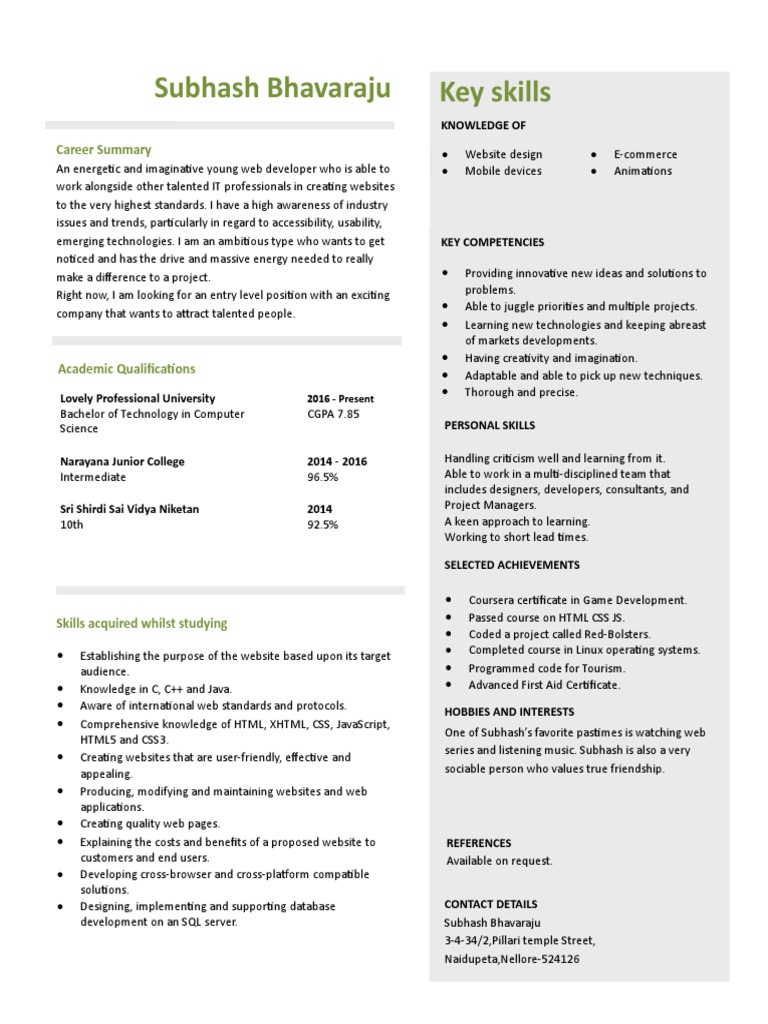 Subhash Bhavaraju Key Skills: Career Summary | PDF | Websites | Java Script