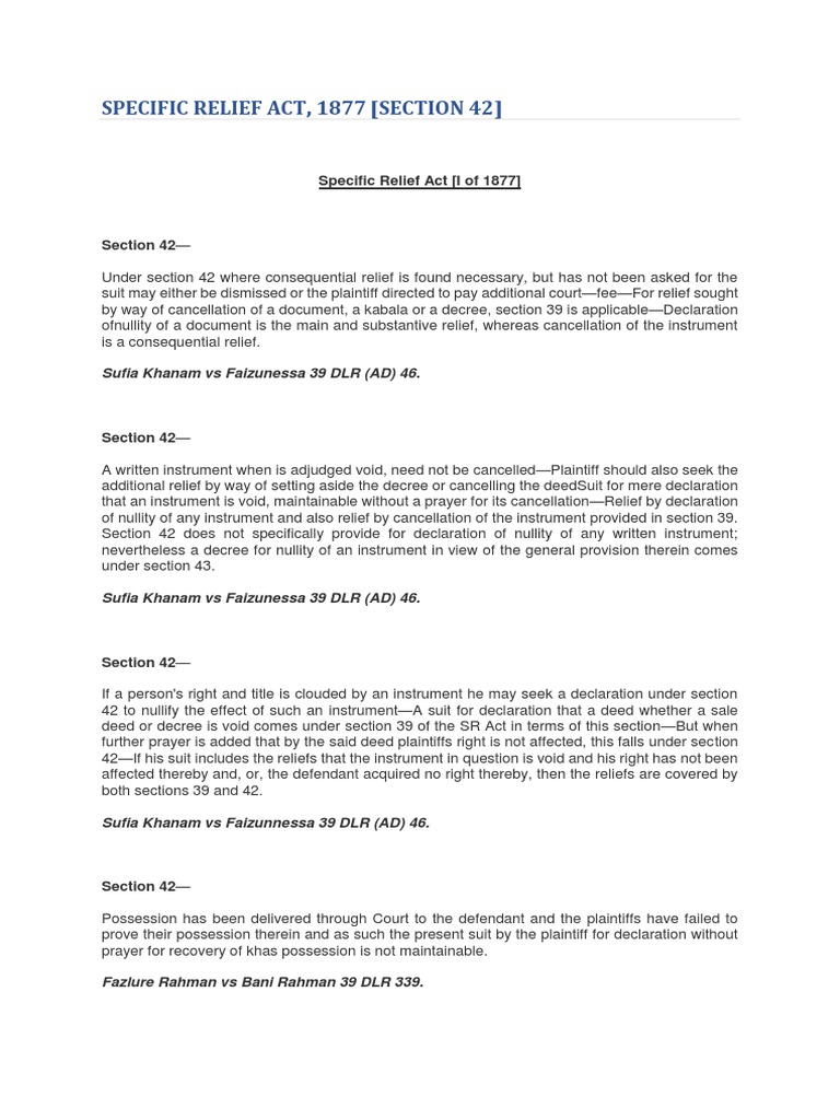 Specific Relief Act 1877: Section 42 Insights | PDF | Lawsuit | Injunction