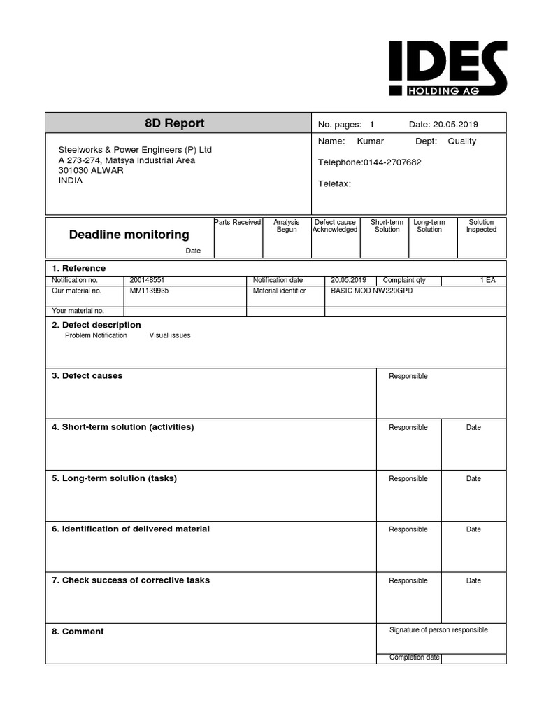 8D Report: No. Pages: 1 Date: 20.05.2019 | PDF