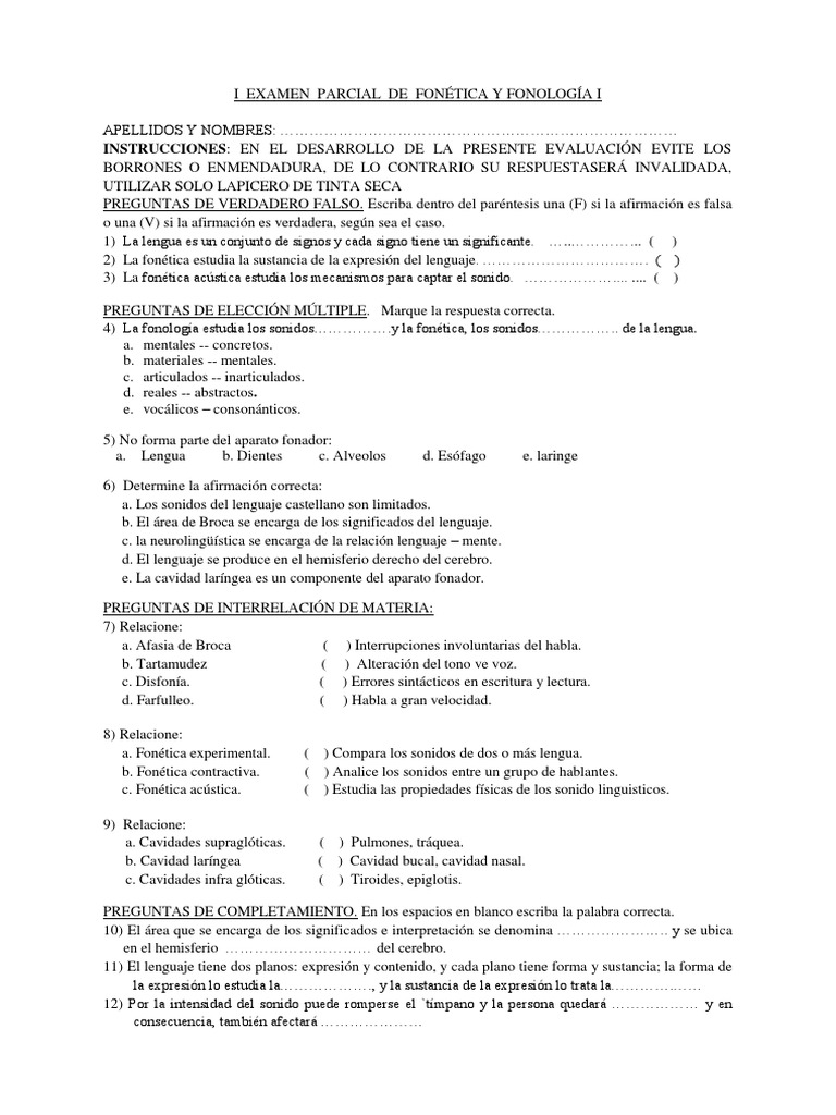 I Examen Parcial de Fonética y Fonología | PDF | Fonética | Fonema