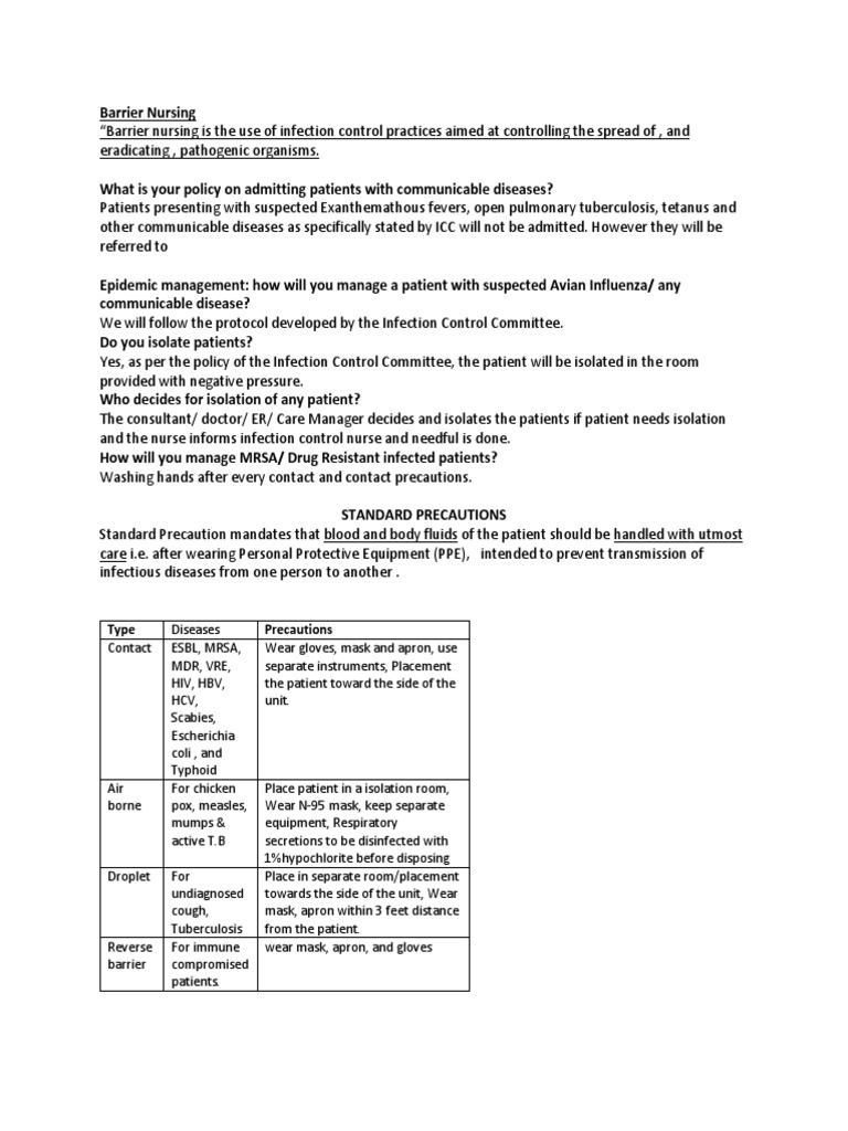Barrier Nursing | PDF | Infection Control | Infection